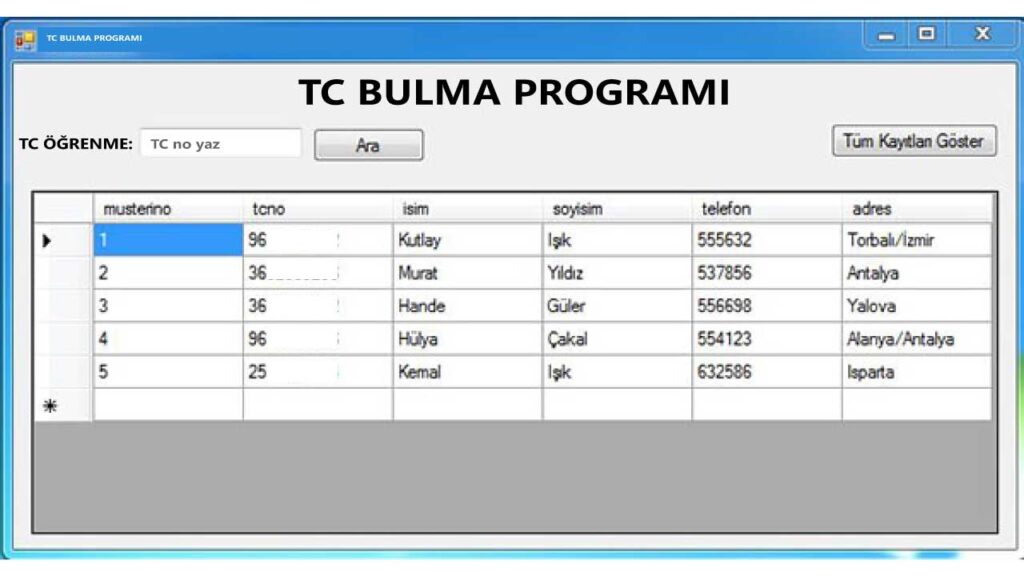 Sadece Ad Soyad İle TC Kimlik No Öğrenme